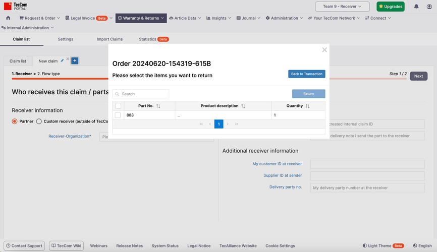 Returns Journal Transactions connection feature | TecCom Wiki